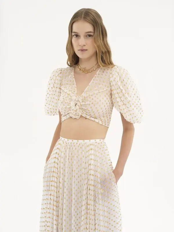 Chloé Ruched Jacquard Cropped Top With Bubble Sleeves