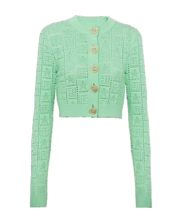 Balmain Monogram Mesh Knit Cropped Cardigan
