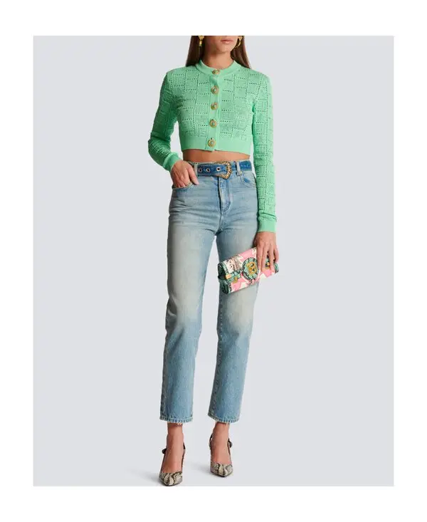 Balmain Monogram Mesh Knit Cropped Cardigan