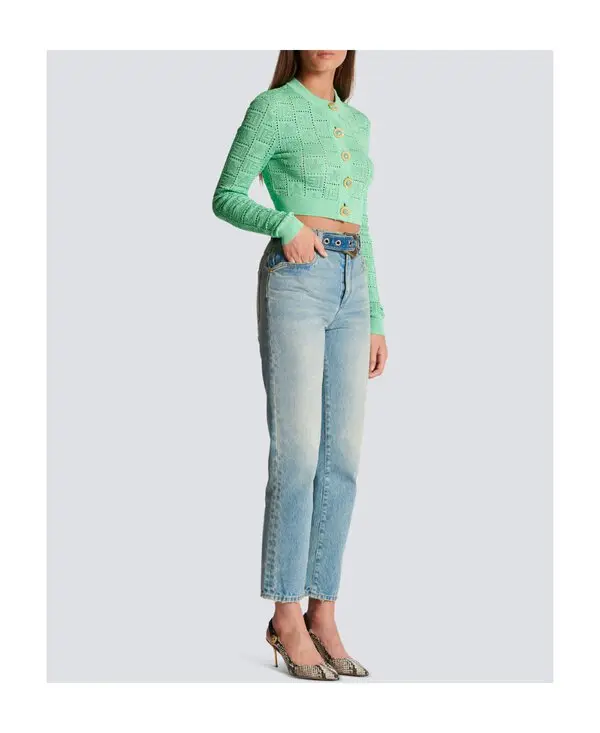 Balmain Monogram Mesh Knit Cropped Cardigan
