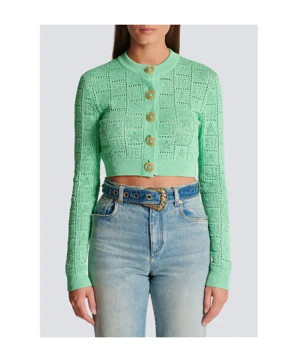 Balmain Monogram Mesh Knit Cropped Cardigan