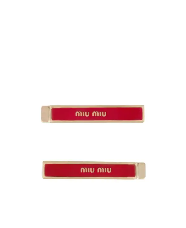 Miu Miu Enameled Metal Hair Clips With Logo Detail - Red