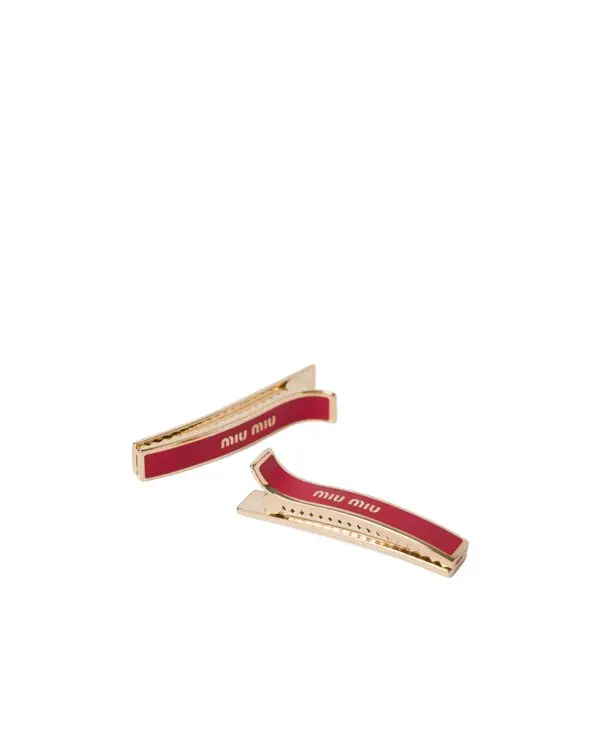 Miu Miu Enameled Metal Hair Clips With Logo Detail