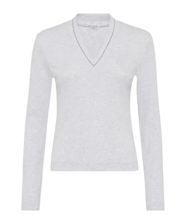 Brunello Cucinelli Long Sleeve V-neck Ribbed Jersey Top - White