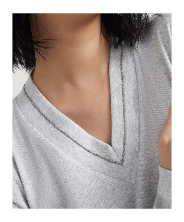 Brunello Cucinelli Long Sleeve V-neck Ribbed Jersey Top