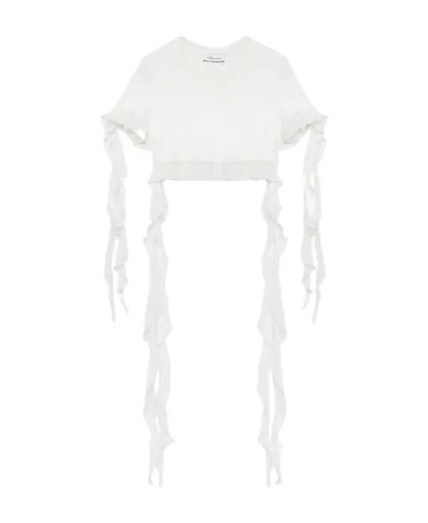 Blumarine Ruffled Cotton Crop Top With Embroidered B-letter - White