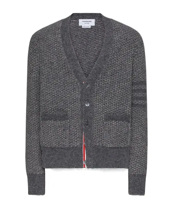 Thom Browne V-neck Chunky-knit Cardigan With Striped Trim - Grey