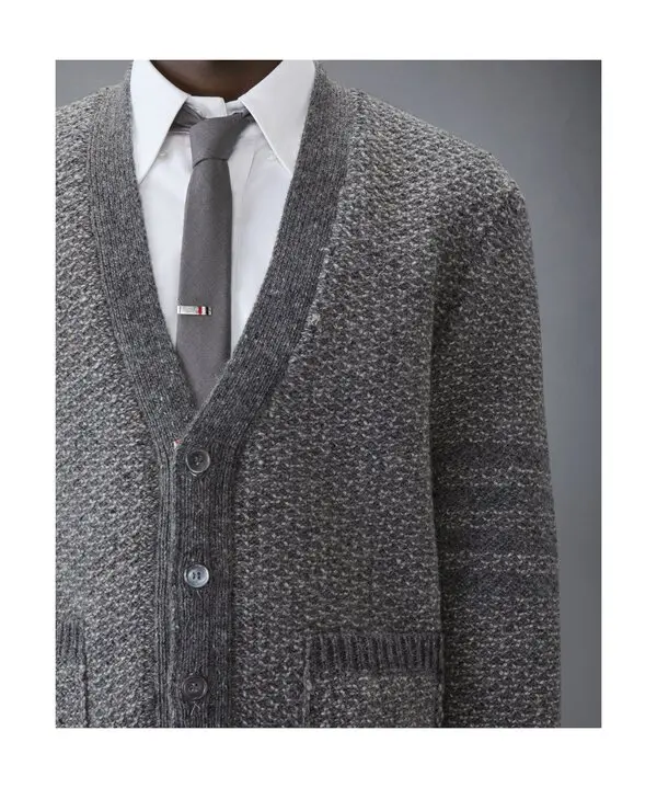 Thom Browne V-neck Chunky-knit Cardigan With Striped Trim - Grey