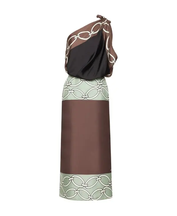 Valentino Garavani One-shoulder Midi Dress With Chain Print - Brown