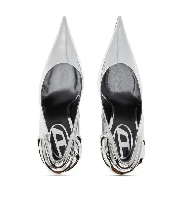 DIESEL® 90mm Pointed Slingback Pumps With Metal Detailing - Silver