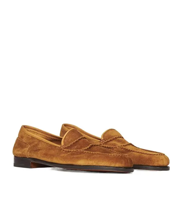 John Lobb Round Toe Suede Slip-on Loafers With Stacked Heel - Brown