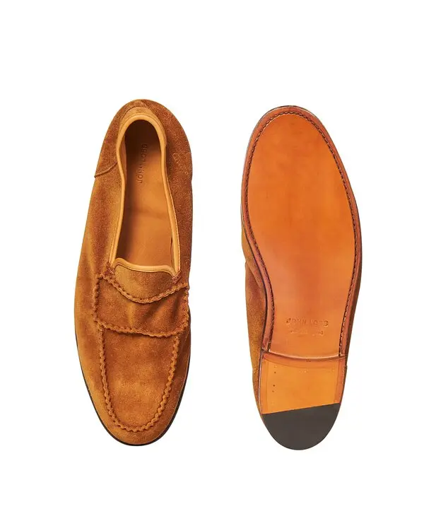 John Lobb Round Toe Suede Slip-on Loafers With Stacked Heel - Brown
