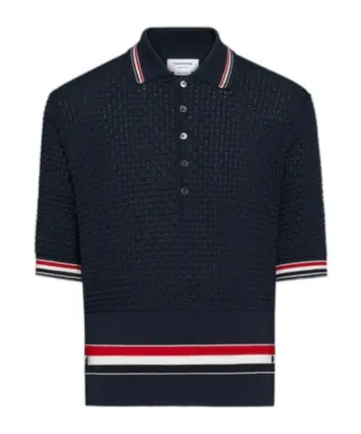 Thom Browne Float Ripple Stitch Rwb Stripe Polo Shirt - Navy Blue