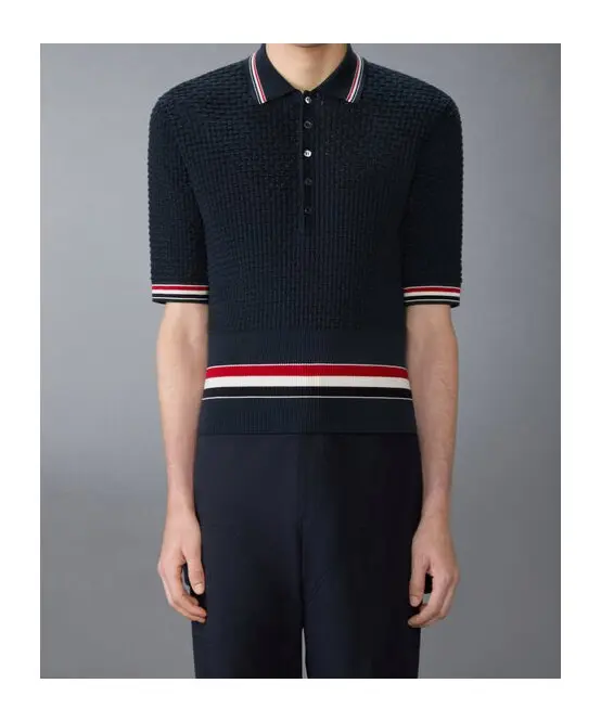 Thom Browne Float Ripple Stitch Rwb Stripe Polo Shirt - Navy Blue
