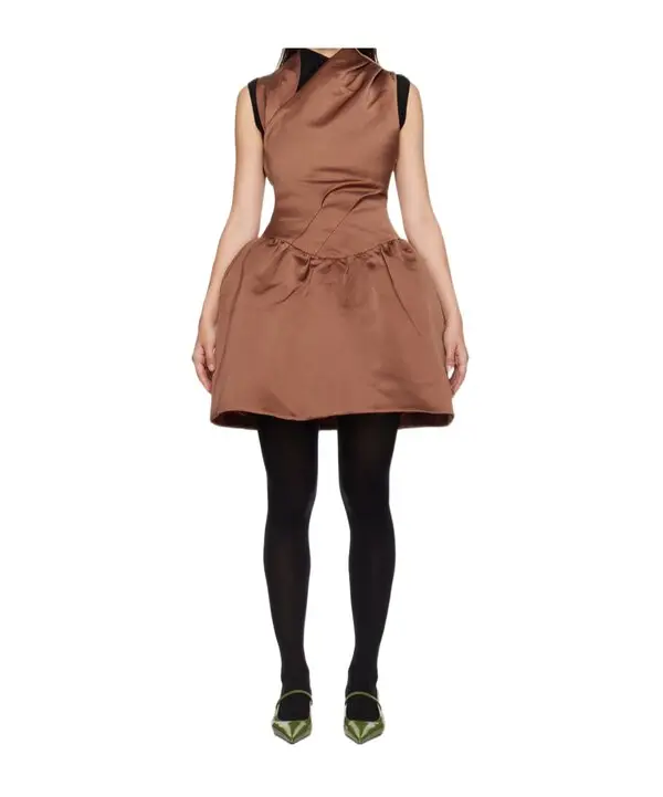 SHUSHU/TONG Satin Dress With Pleated Details And Asymmetrical Collar - Brown