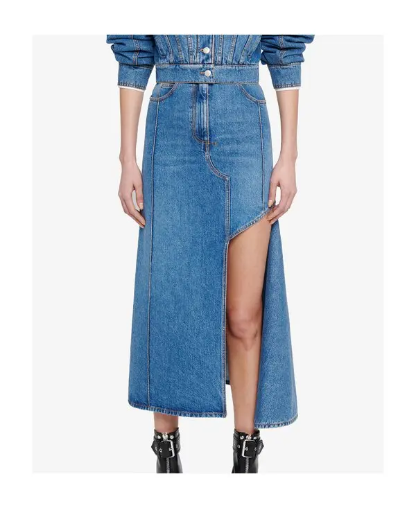 Alexander McQueen Slashed Cut-out Denim Midi Skirt