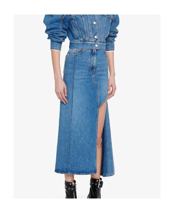 Alexander McQueen Slashed Cut-out Denim Midi Skirt