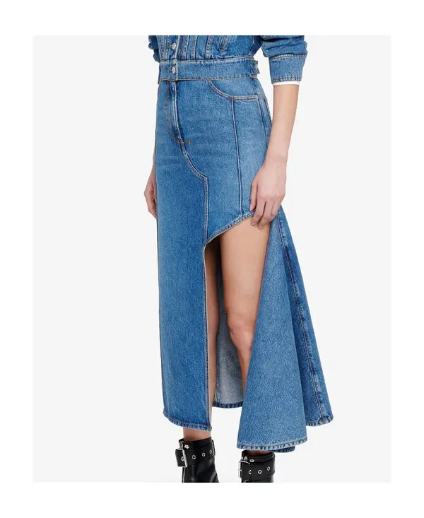 Alexander McQueen Slashed Cut-out Denim Midi Skirt