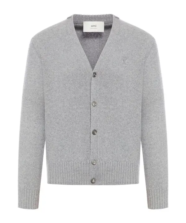 Ami Logo Embroidered V-neck Cardigan - Gray