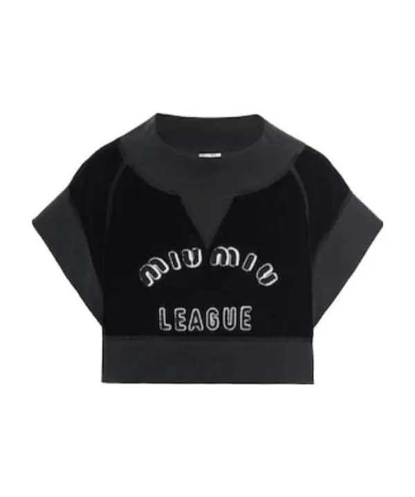 Miu Miu Velvet Cropped T-shirt With Logo Embroidery