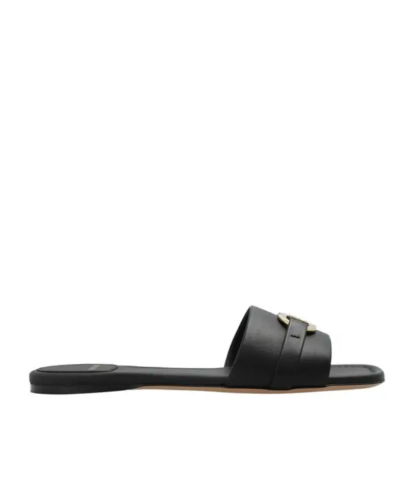 FERRAGAMO Open Toe Square Head Slides With Logo Carving - Black