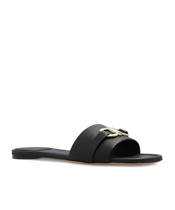 FERRAGAMO Open Toe Square Head Slides With Logo Carving