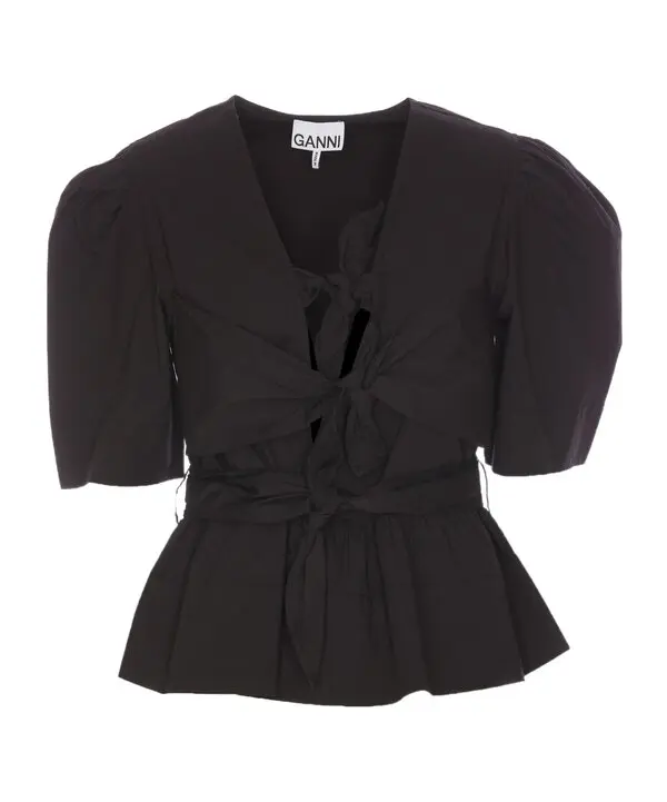 GANNI Bow Detailed Puff-sleeved Blouse - Black