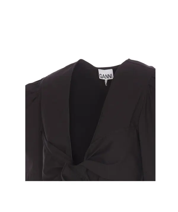 GANNI Bow Detailed Puff-sleeved Blouse - Black