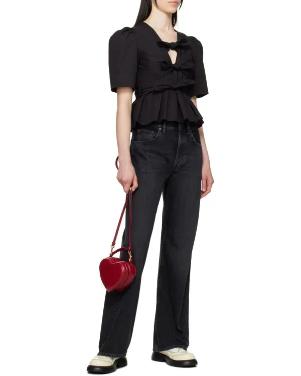 GANNI Bow Detailed Puff-sleeved Blouse - Black
