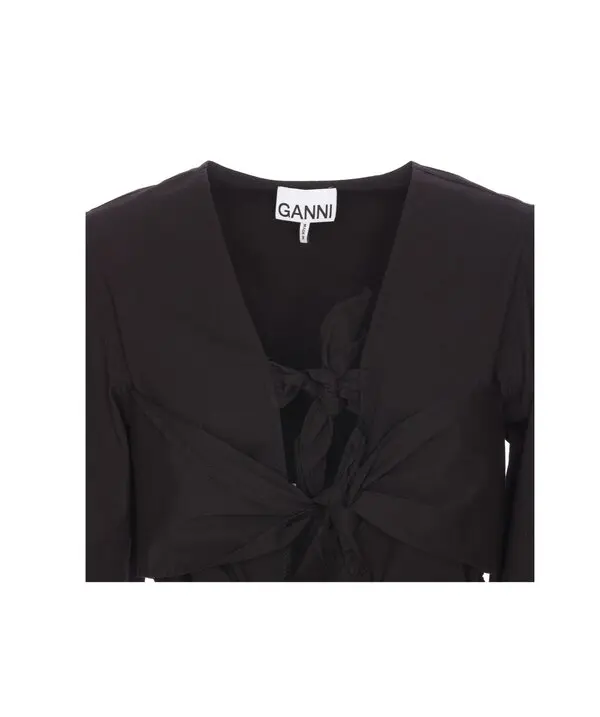 GANNI Bow Detailed Puff-sleeved Blouse - Black