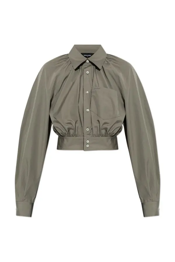 Dsquared2 Cropped Long Sleeve Shirt With Collared Neckline And Pleated Detailing - Green