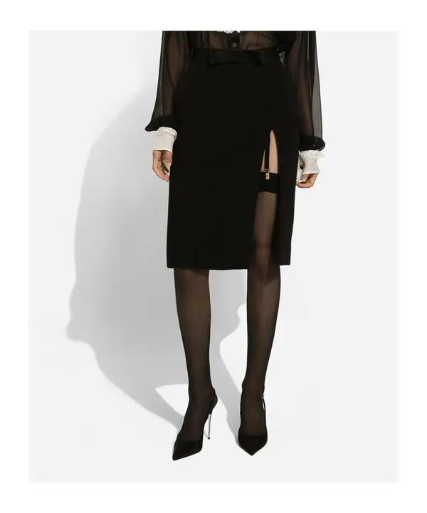 Dolce & Gabbana Satin Bow Belted Midi Pencil Skirt With Side Slit - Black