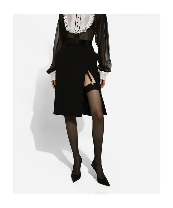 Dolce & Gabbana Satin Bow Belted Midi Pencil Skirt With Side Slit - Black