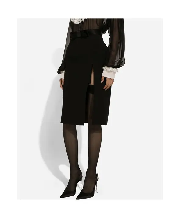 Dolce & Gabbana Satin Bow Belted Midi Pencil Skirt With Side Slit - Black