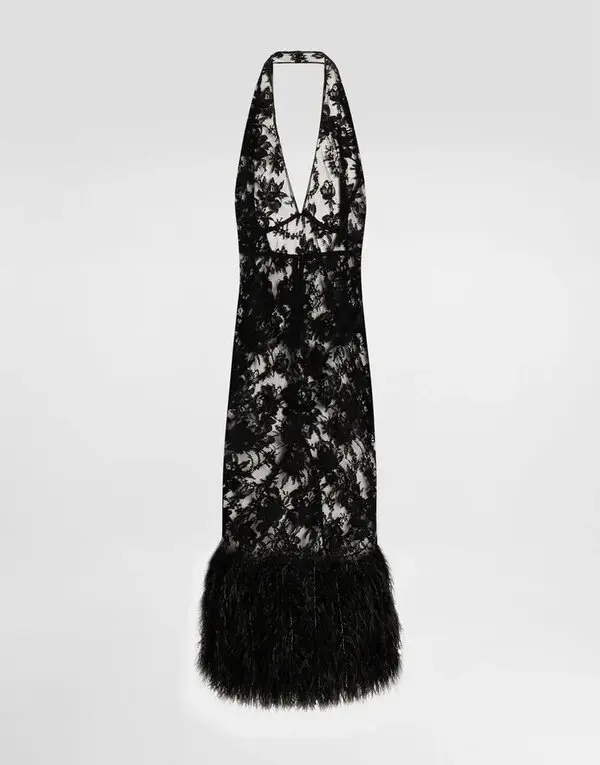 Dolce & Gabbana Halterneck Lace Dress With Feather Trim