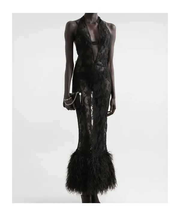 Dolce & Gabbana Halterneck Lace Dress With Feather Trim