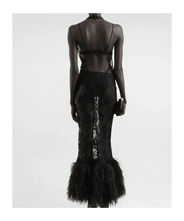 Dolce & Gabbana Halterneck Lace Dress With Feather Trim