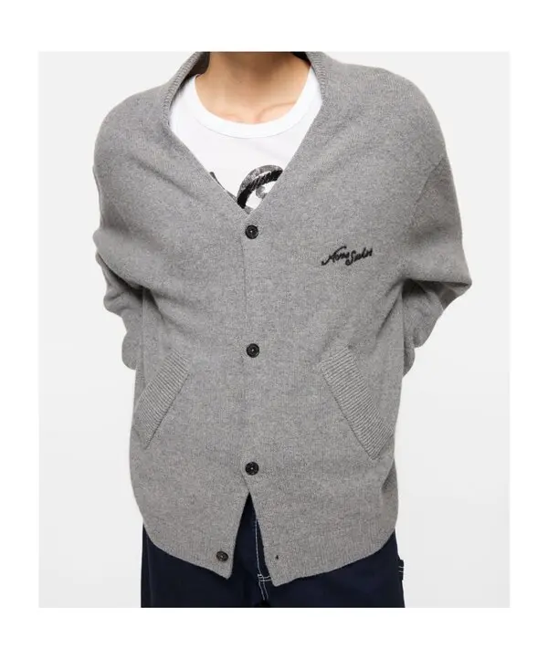 Acne Studios V-neck Cardigan With Embroidered Logo - Gray