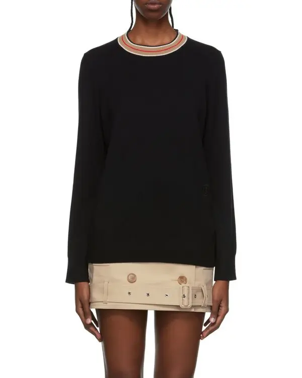 Burberry Stripe Detailed Logo Embroidered Jumper - Black