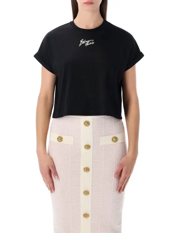 Balmain Logo Embroidered Cropped T-shirt