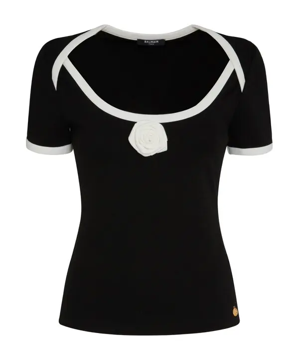 Balmain Boat-neck Short-sleeved Top With Floral Decal