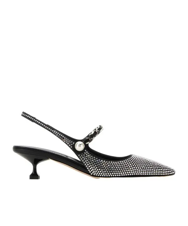 Miu Miu Embellished Pointed Toe Slingback Pumps - Black