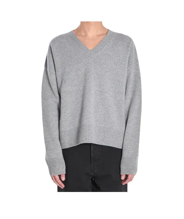 AMI Paris V-neck Knitted Jumper - Gray
