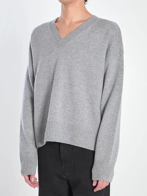 AMI Paris V-neck Knitted Jumper - Gray