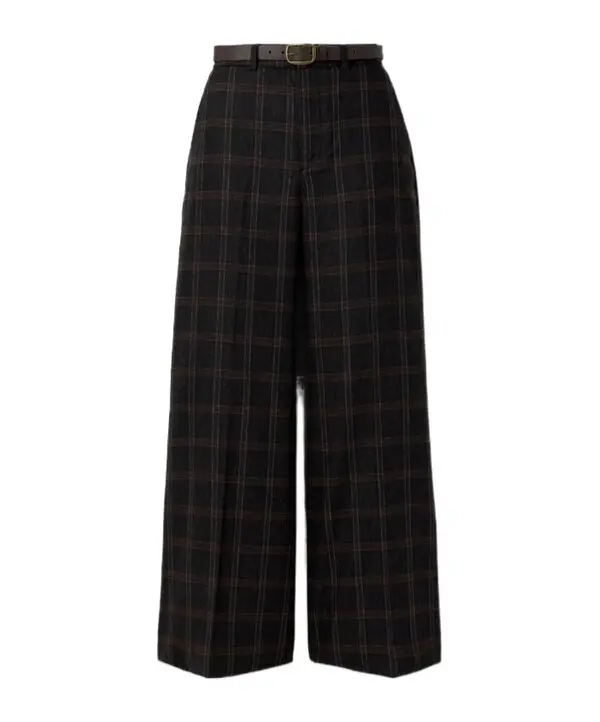 Sea Checked Wide-leg Wool-blend Pants With Leather Belt - Black