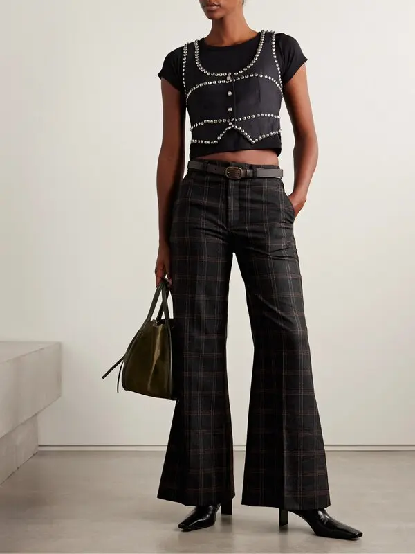 Sea Checked Wide-leg Wool-blend Pants With Leather Belt