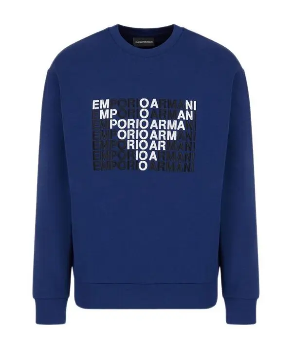 Emporio Armani Printed Round Neck Long Sleeve Sweater - Blue