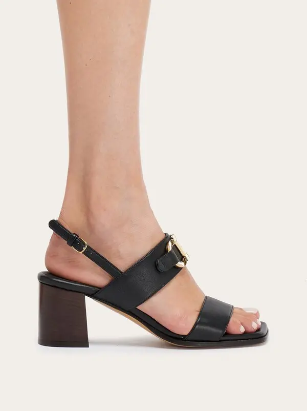 FERRAGAMO Leather Block Heel Sandals - Black
