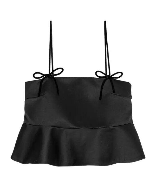 GANNI Duchesse Satin Peplum Top With Bow Shoulder Straps - Black