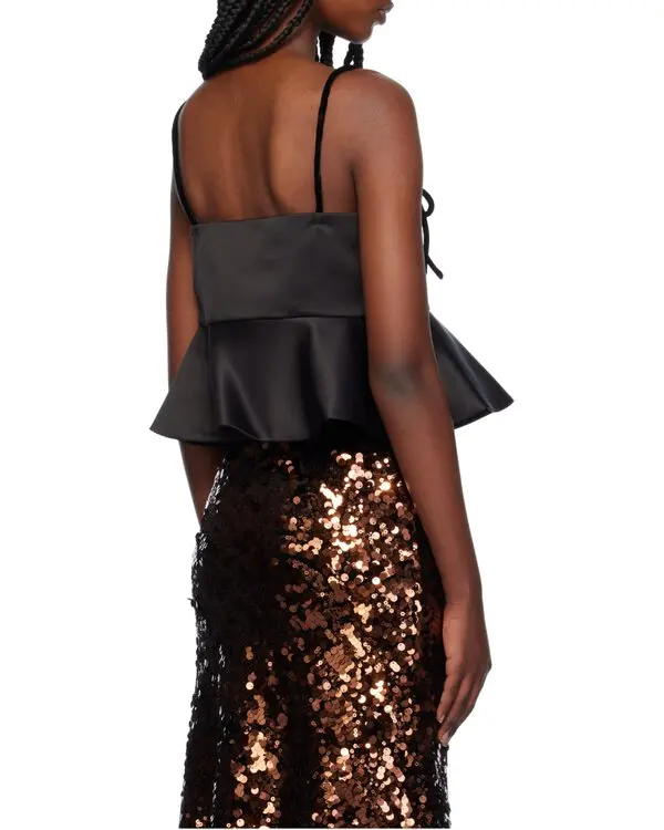 GANNI Duchesse Satin Peplum Top With Bow Shoulder Straps